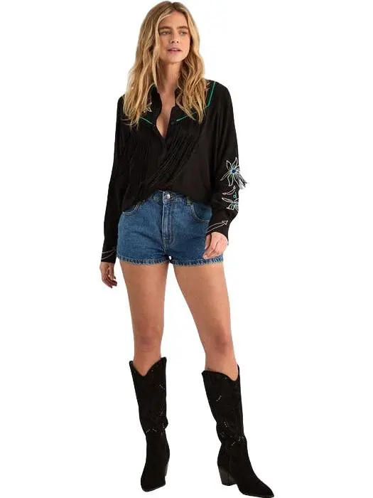 Nasty Gal Embroidered Fringe Western Shirt - Black