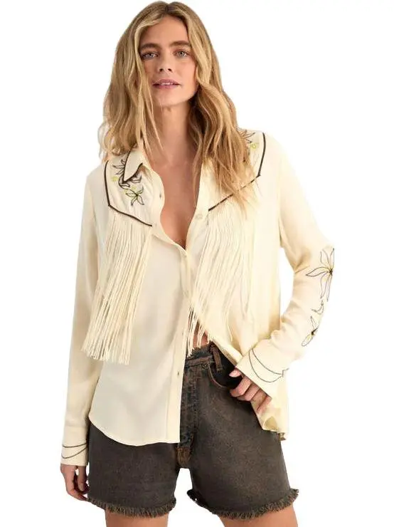 Nasty Gal Embroidered Fringe Western Shirt - Cream