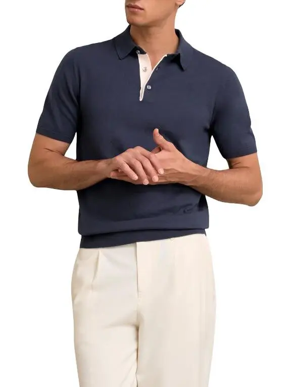 REISS Finch Short Sleeve Linen & Cotton Polo Sweater - Navy