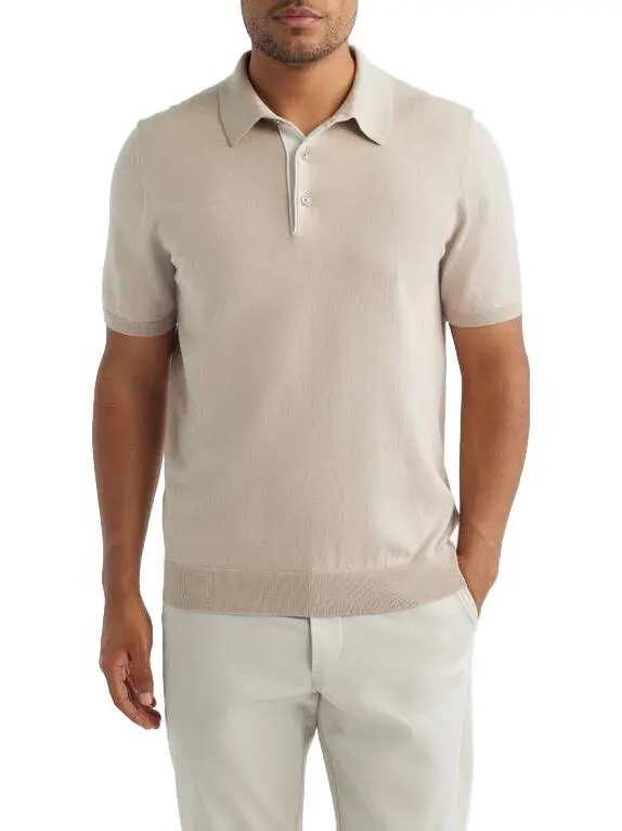 REISS Finch Short Sleeve Linen & Cotton Polo Sweater - Oatmeal