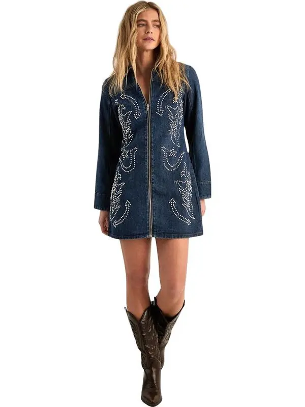 Nasty Gal Studded Zip Front Denim Mini Dress - Authentic Midwash