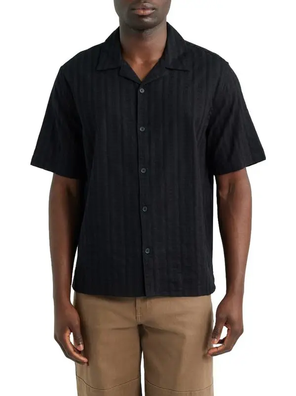 WAX LONDON Didcot Tonal Dobby Stripe Camp Shirt - Black