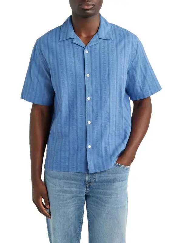WAX LONDON Didcot Tonal Dobby Stripe Camp Shirt - Mid Blue