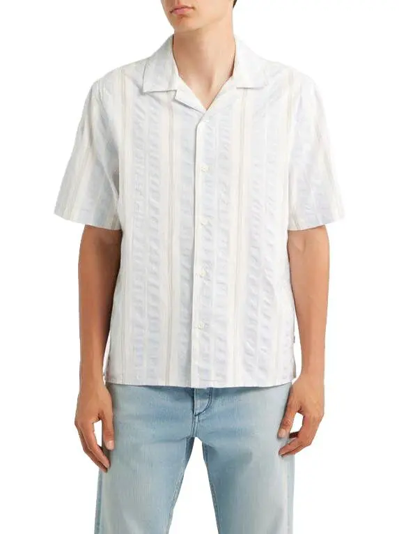 WAX LONDON Didicot Stripe Cotton Seersucker Camp Shirt - Ecru/light Blue