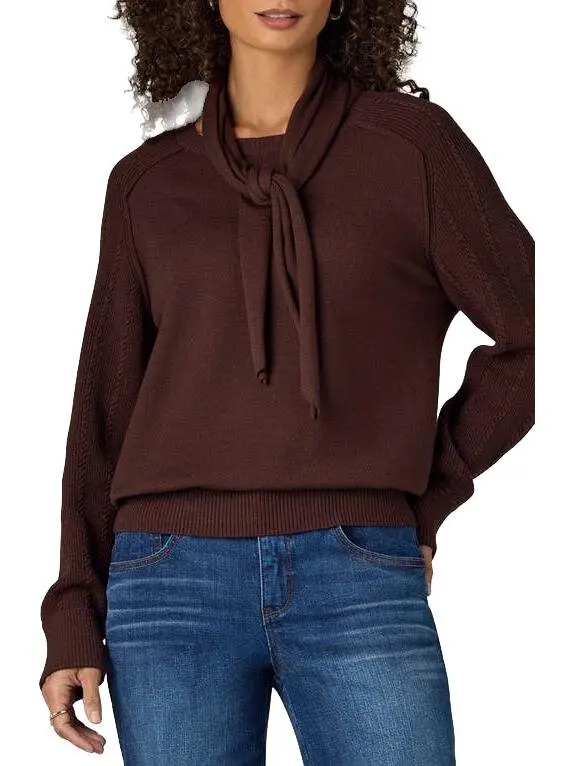 Wit & Wisdom Tie Neck Sweater With Braid-stitch Detailing - Cold Brew