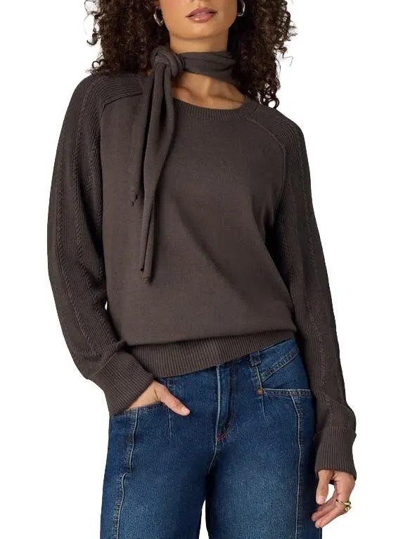 Wit & Wisdom Tie Neck Sweater With Braid-stitch Detailing - Winter Moss