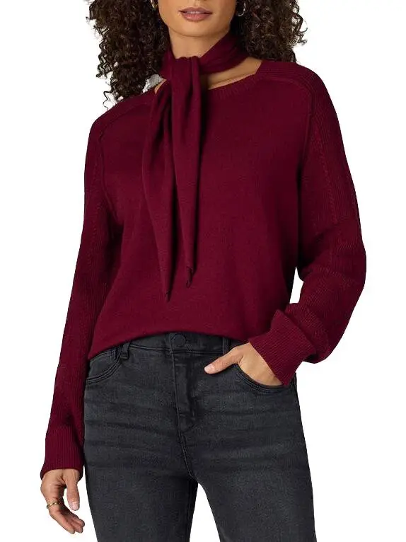 Wit & Wisdom Tie Neck Sweater With Braid-stitch Detailing - Zinfandel