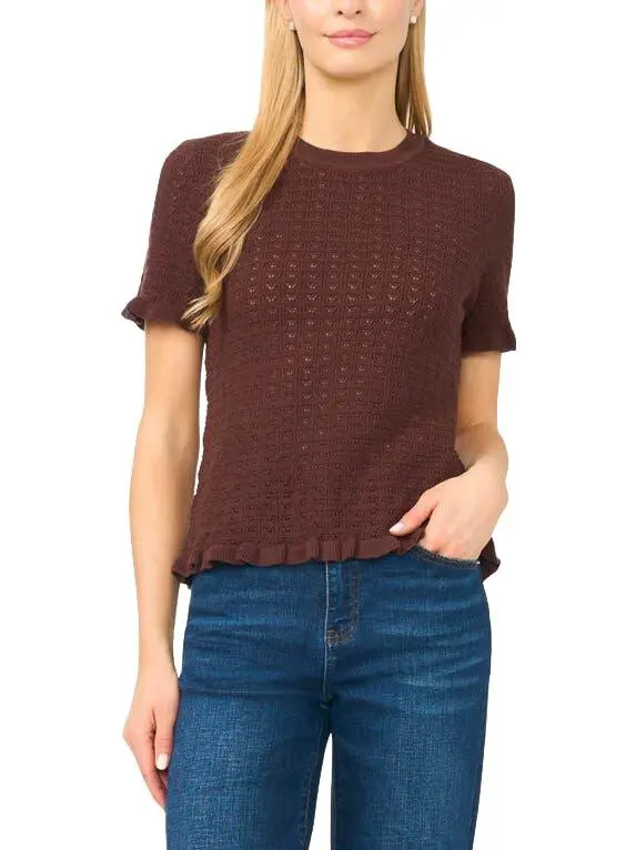 Halogen Ruffle Trim Pointelle Stitch Short Sleeve Sweater - Chicory Coffee