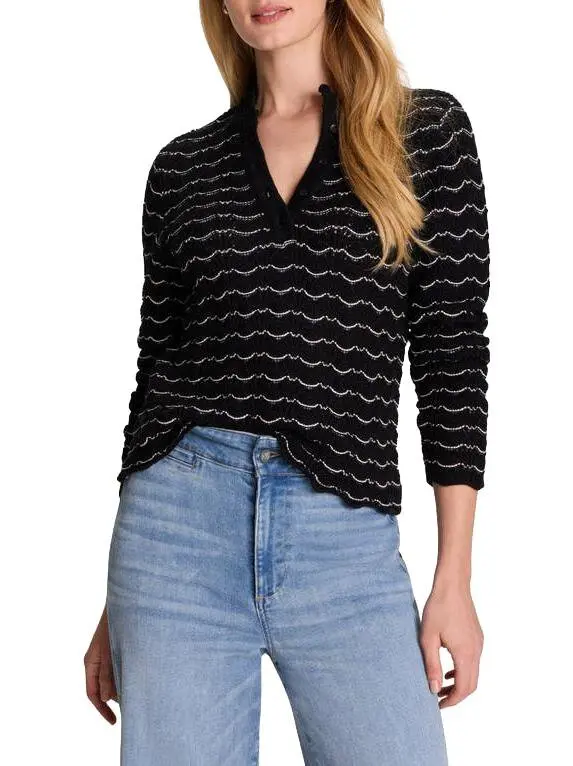 NIC+ZOE Scalloped Tuck Stitch Cotton Crop Sweater - Black Multi