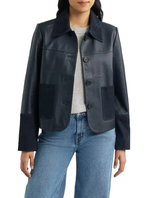Bernardo Mixed Media Leather Jacket - Navy