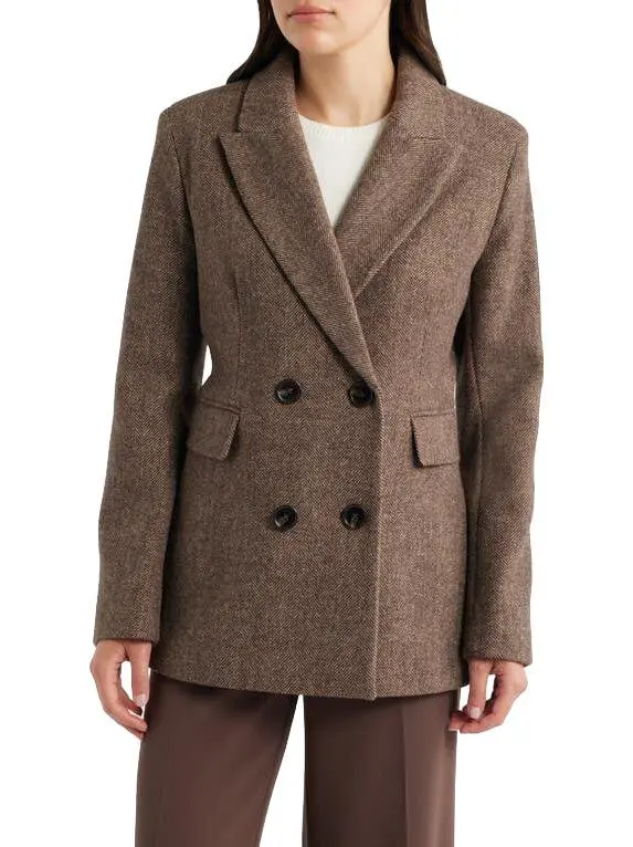 Donna Karan New York Herringbone Wool Double Breasted Coat - Chocolate