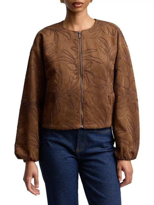 Bagatelle Leaf Embroidery Faux Suede Jacket - Mocha