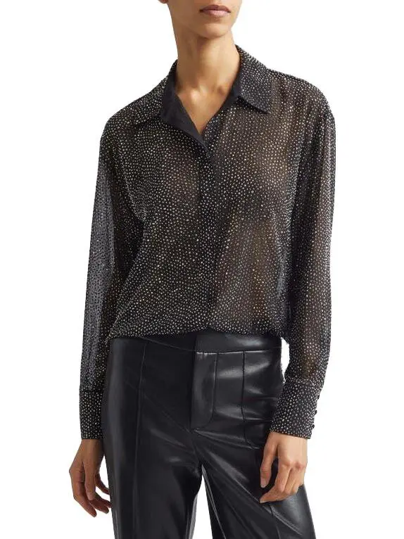 Alice + Olivia Dimitra Crystal Embellished Oversize Sheer Shirt - Black