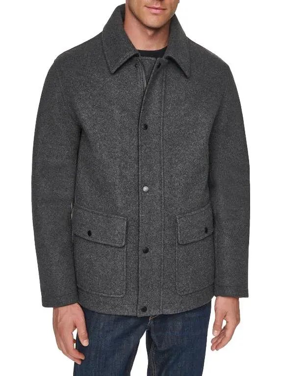 Cole Haan Insulated Flannel Wool Jacket With Faux-leather Collar Detail - Charcoal