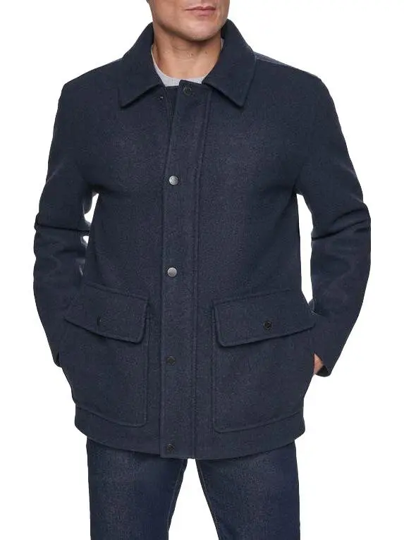 Cole Haan Insulated Flannel Wool Jacket With Faux-leather Collar Detail - Navy