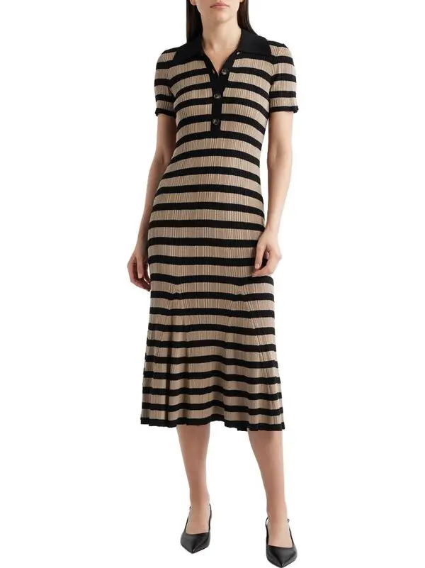 Julia Jordan Stripe Ribbed Midi Sweater Dress With Collar - Black/mocha Mousee