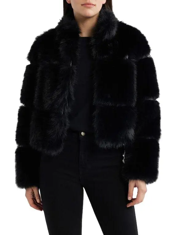 Bcbgmaxazria Faux Fur Cropped Jacket With Mandarin Collar - Black