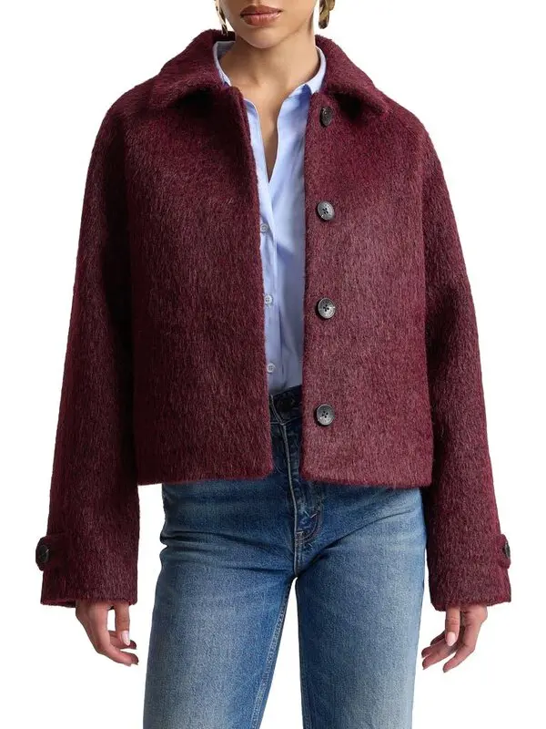 Avec Les Filles Cropped Woolly Jacket With Spread Collar - Currant