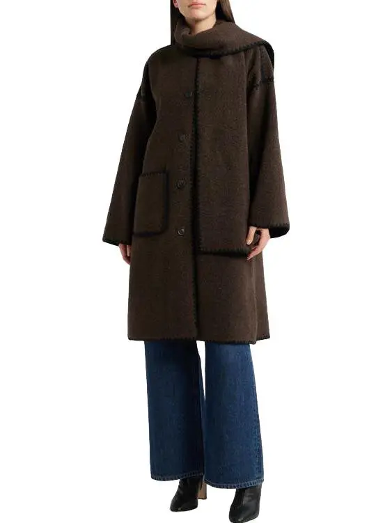 Bcbgmaxazria Embroidered Bouclé Coat With Scarf - Chocolate