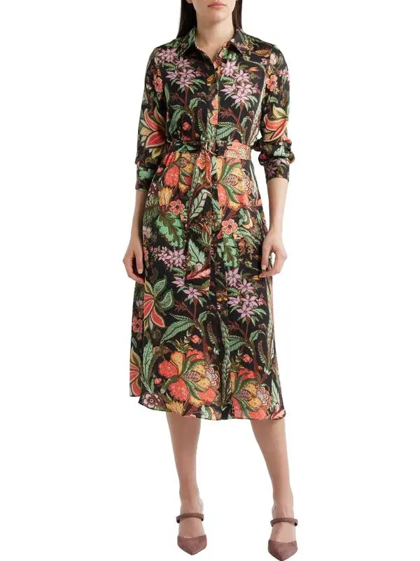 Julia Jordan Floral Long Sleeve Midi Shirtdress - Black Red