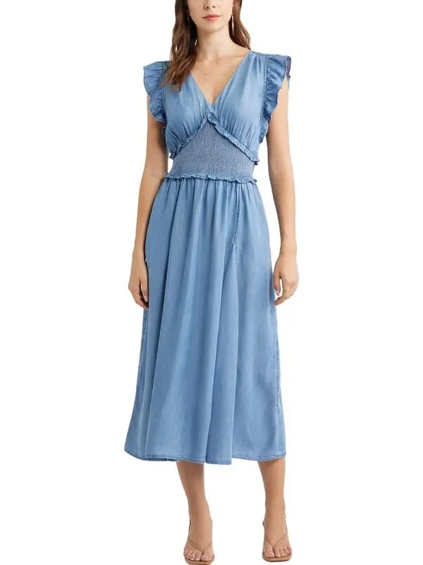 Chelsea28 Smocked Waist Chambray Midi Dress - Medium Wash
