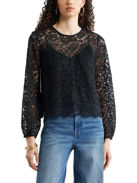 Nordstrom Sheer Lace Balloon Sleeve Top With Opaque Camisole Lining - Black