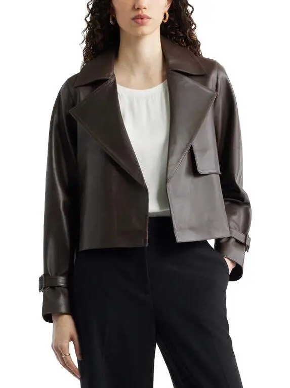 Nordstrom Cropped Leather Trench Coat - Brown Coffee