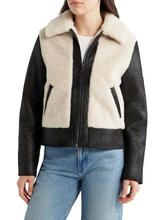 Bernardo Colorblocked Faux Shearling Jacket - Black/cream