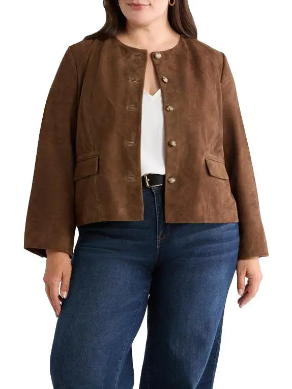 Nordstrom Suede Crop Button-front Jacket - Brown Drum