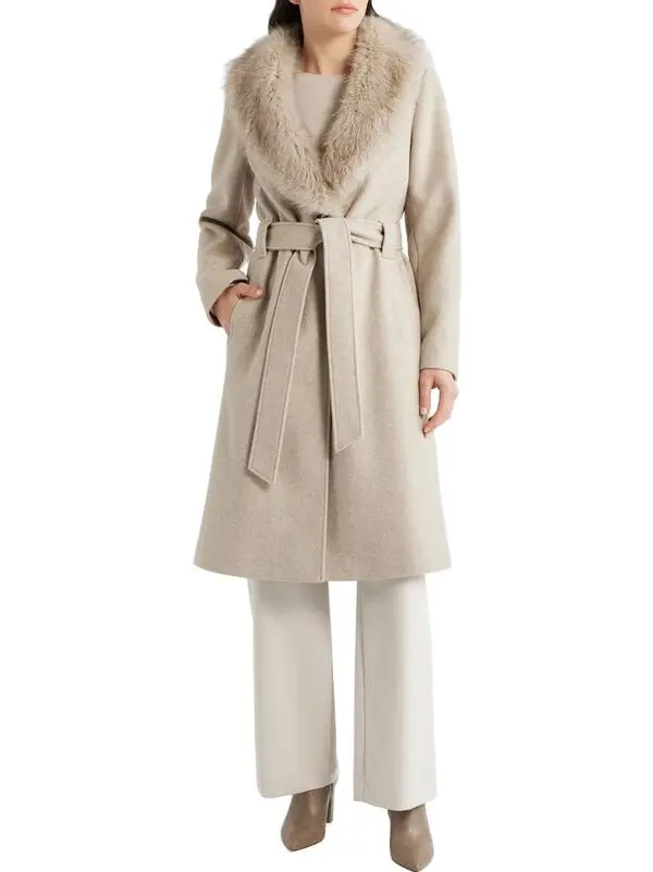 Bcbgmaxazria Belted Wrap Coat With Faux Fur Collar - Oatmeal