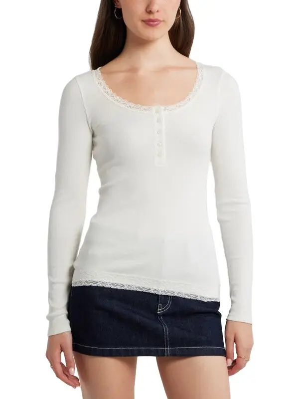Bp. Lace Trim Cotton Blend Rib Henley - Ivory