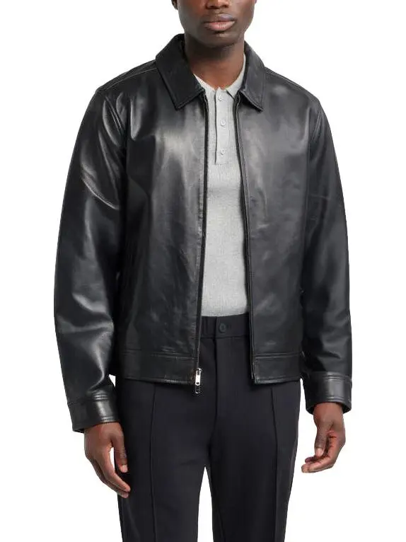 Nordstrom Leather Jacket With Pointed Collar And Zip-up Closure - Black