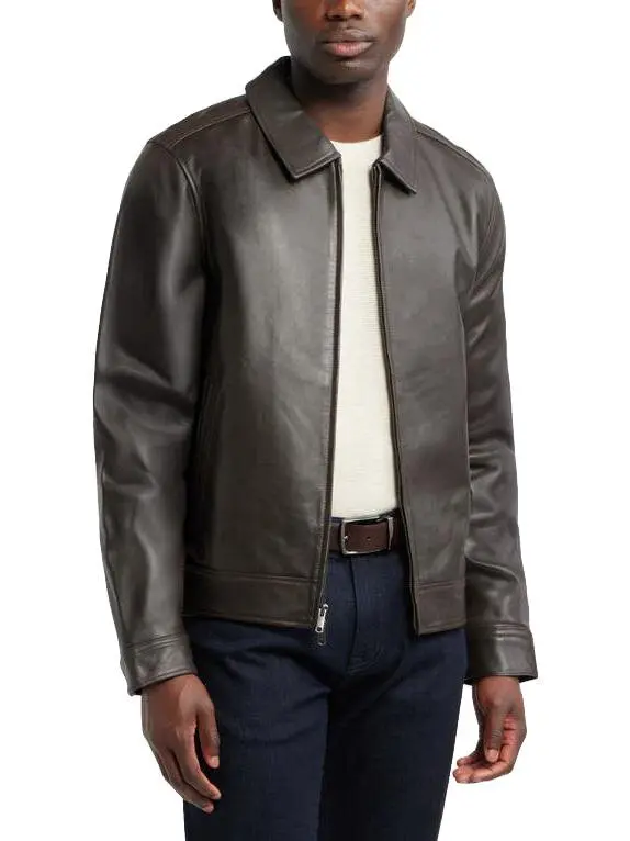 Nordstrom Leather Jacket With Pointed Collar And Zip-up Closure - Brown Dark