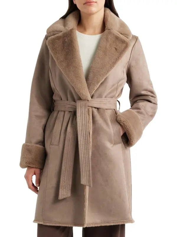 Donna Karan New York Faux Suede Coat With Faux Fur Trim - Mushroom