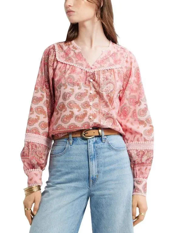 Treasure & Bond Lace Trim Button-up Shirt - Pink- Olive Patchwork Paisley