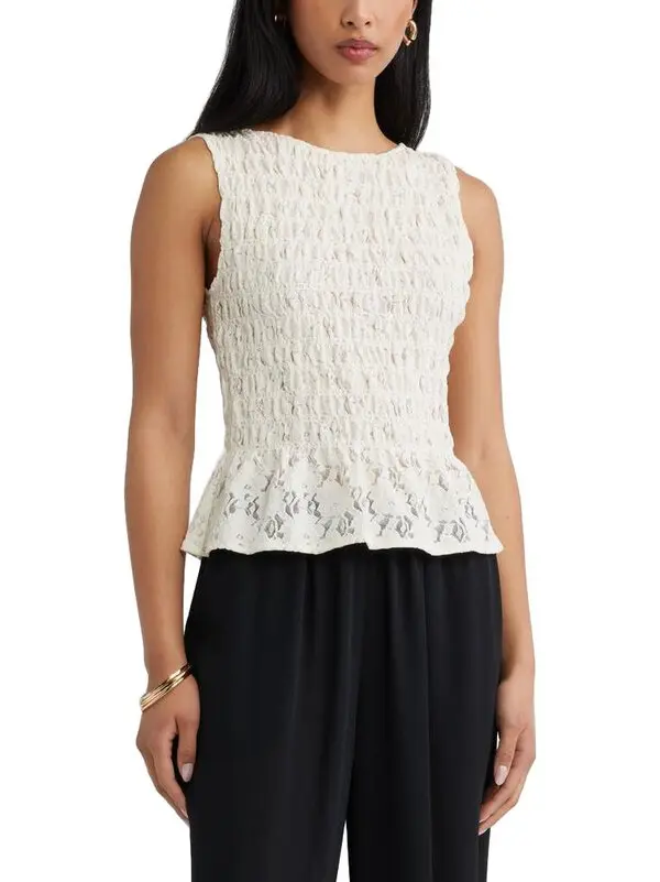 OPEN EDIT Smocked Lace Peplum Top - Ivory