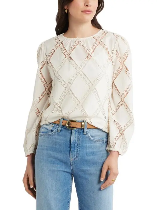 Caslon Lattice Lace Sheer Long Sleeve Cotton Top - Ivory Pristine