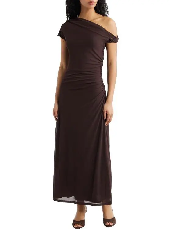 EVER NEW Asymmetric Mesh Maxi Dress - Chocolate