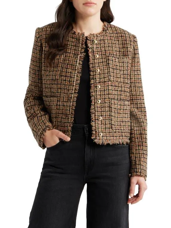 Bernardo Fringe Crop Cotton Tweed Jacket - Gingham Pattern