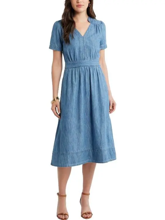 Caslon Cotton Chambray Midi Dress With Pockets - Medium Wash