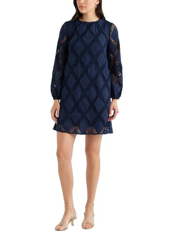 Caslon Lace Lattice Long Sleeve Cotton Dress - Navy Still