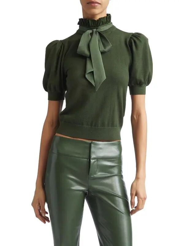 Alice + Olivia Chase Puff Sleeve Stretch Wool Sweater - Dark Fern
