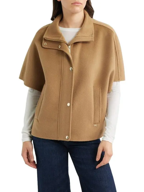 Michael Kors Double Face Wool Blend Cape With Zip Closure - Dark Camel