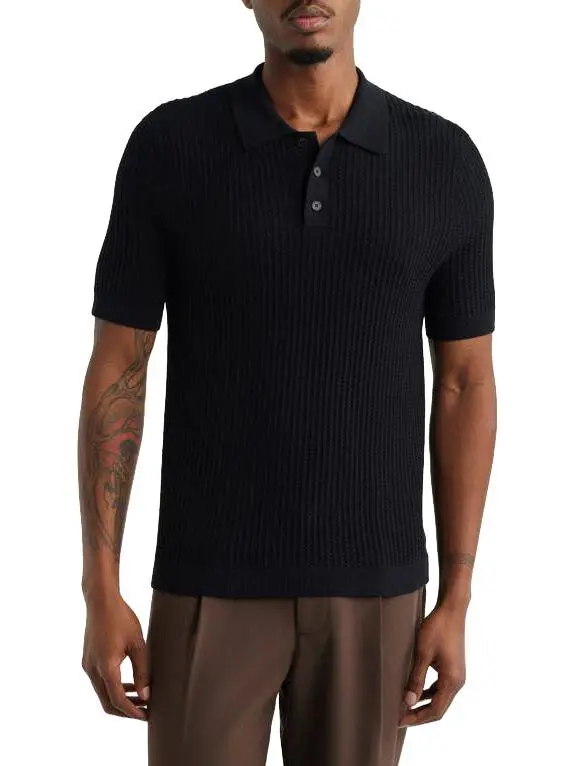 OPEN EDIT Textured Short Sleeve Polo Sweater - Black