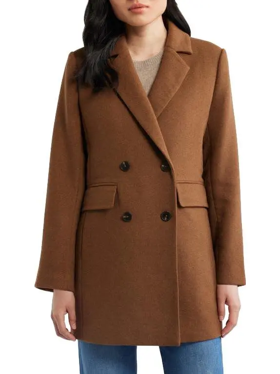Bernardo Plaid Double-breasted Wool Blend Coat - Dark Camel