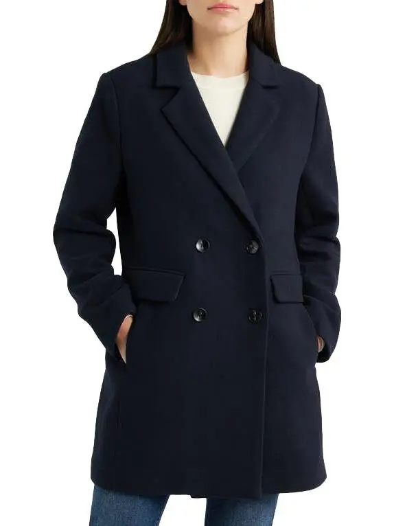 Bernardo Plaid Double-breasted Wool Blend Coat - Navy