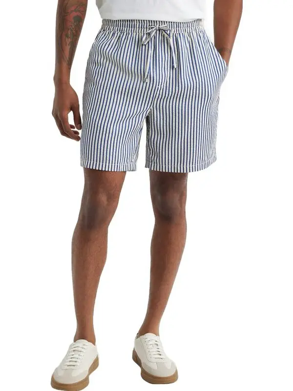 OPEN EDIT Striped Seersucker Drawstring Shorts - Blue Header Stripe