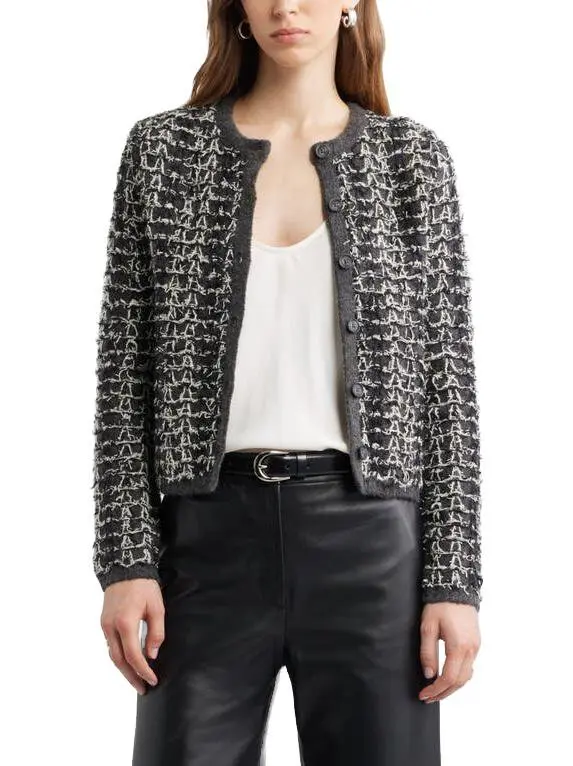 Nordstrom Textured Crewneck Cardigan - Grey Texture Plaid