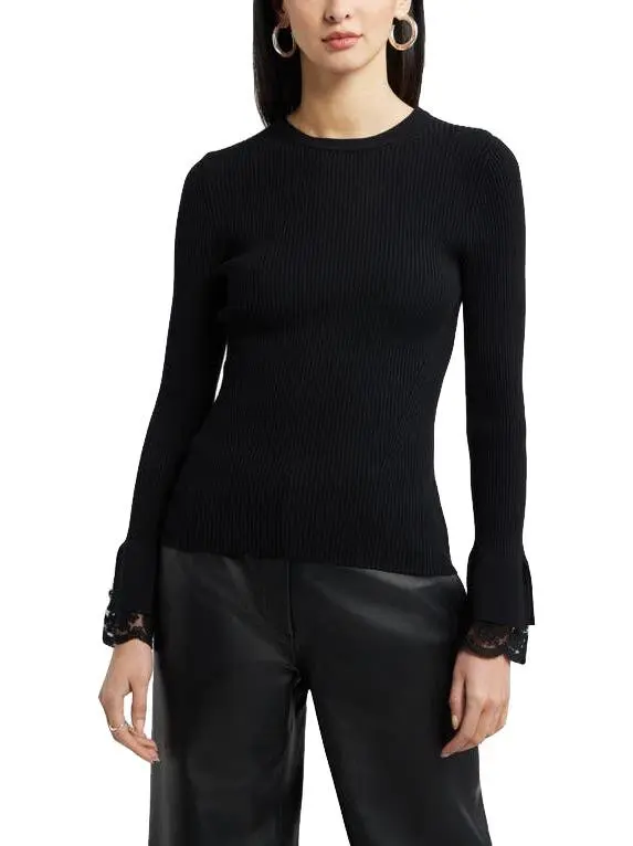 Nordstrom Ribbed Pullover Sweater With Lace Cuffs - Black