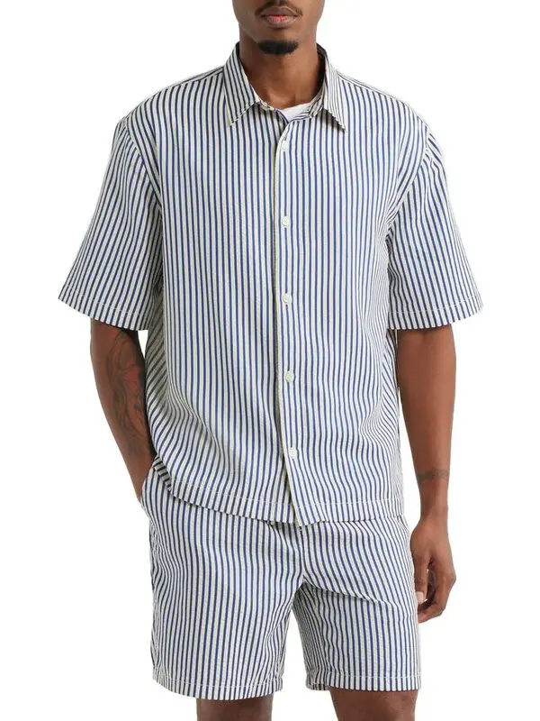 OPEN EDIT Stripe Short Sleeve Seersucker Button-up Shirt - Blue Header Stripe